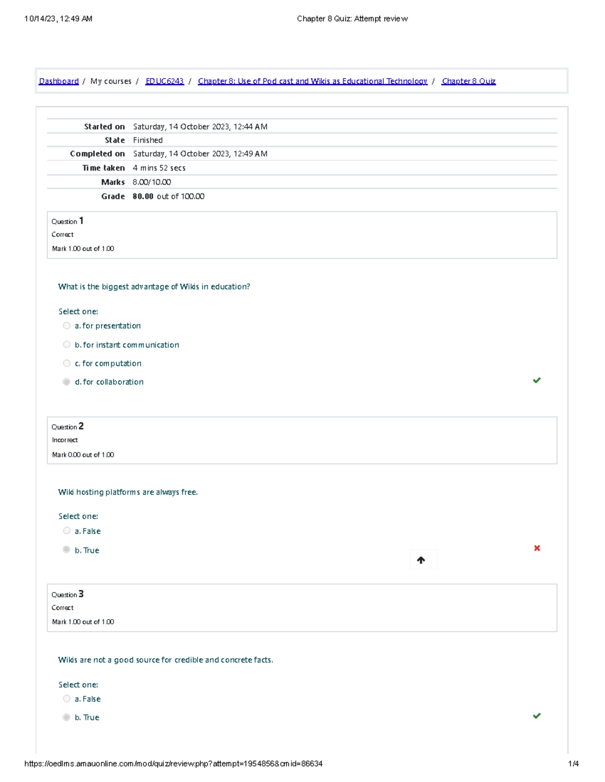 Chapter 8 Quiz Attempt review - Dashboard / My courses / EDUC6243 ...
