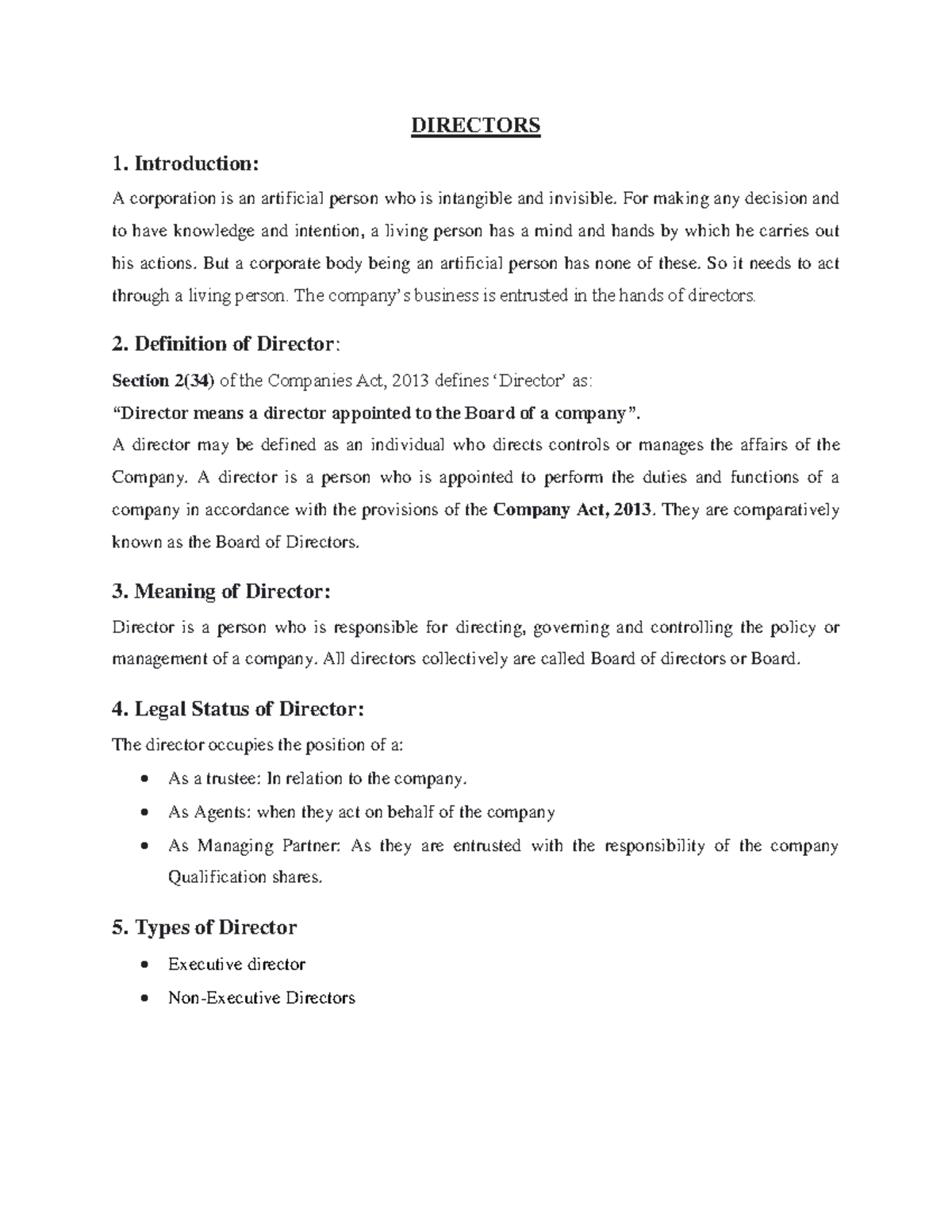 Company assignment - DIRECTORS 1. Introduction: A corporation is an ...