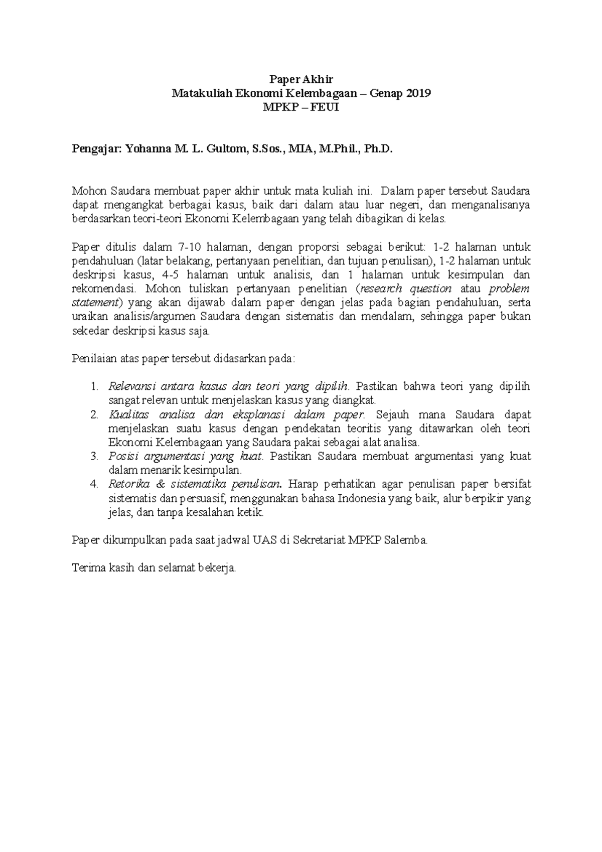 Paper Akhir - Grade: A- Paper Akhir Matakuliah Ekonomi Kelembagaan ...