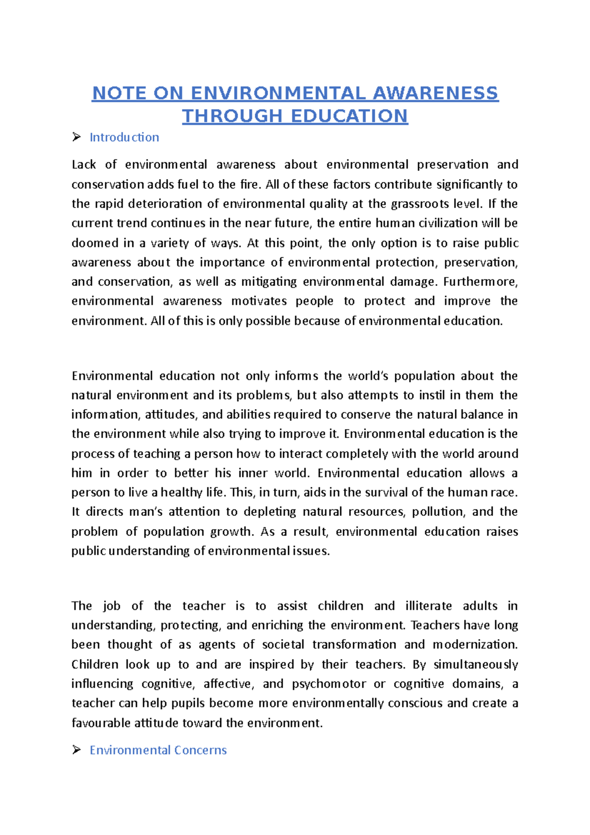 Note on environmental awareness through education - NOTE ON ...