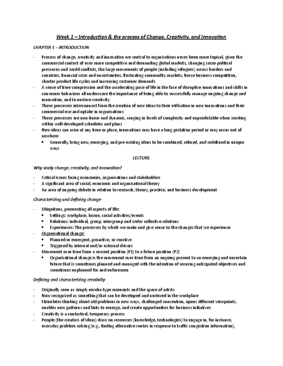 Week 1 - Intro and the process of change, creativity and innovation ...