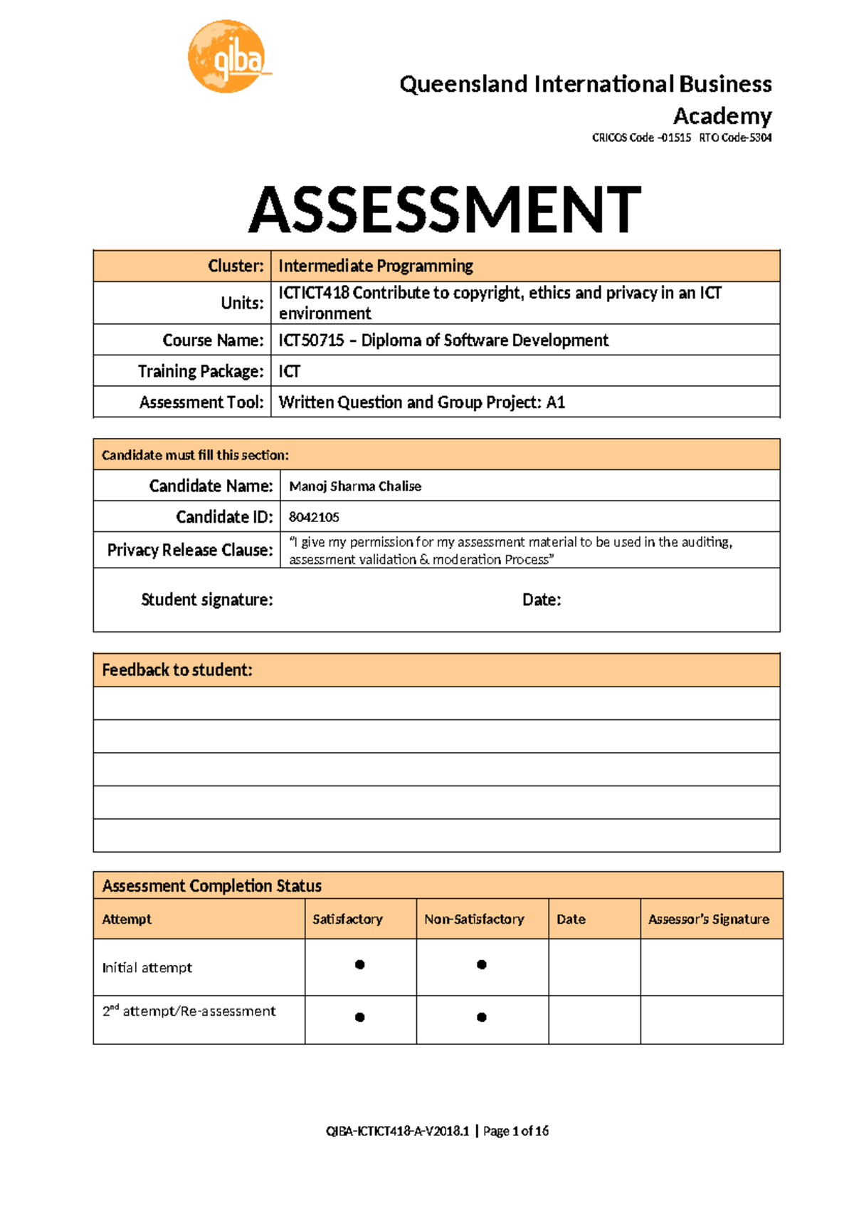 Assessment 1 V1 - Academy CRICOS Code –01515 RTO Code- ASSESSMENT ...