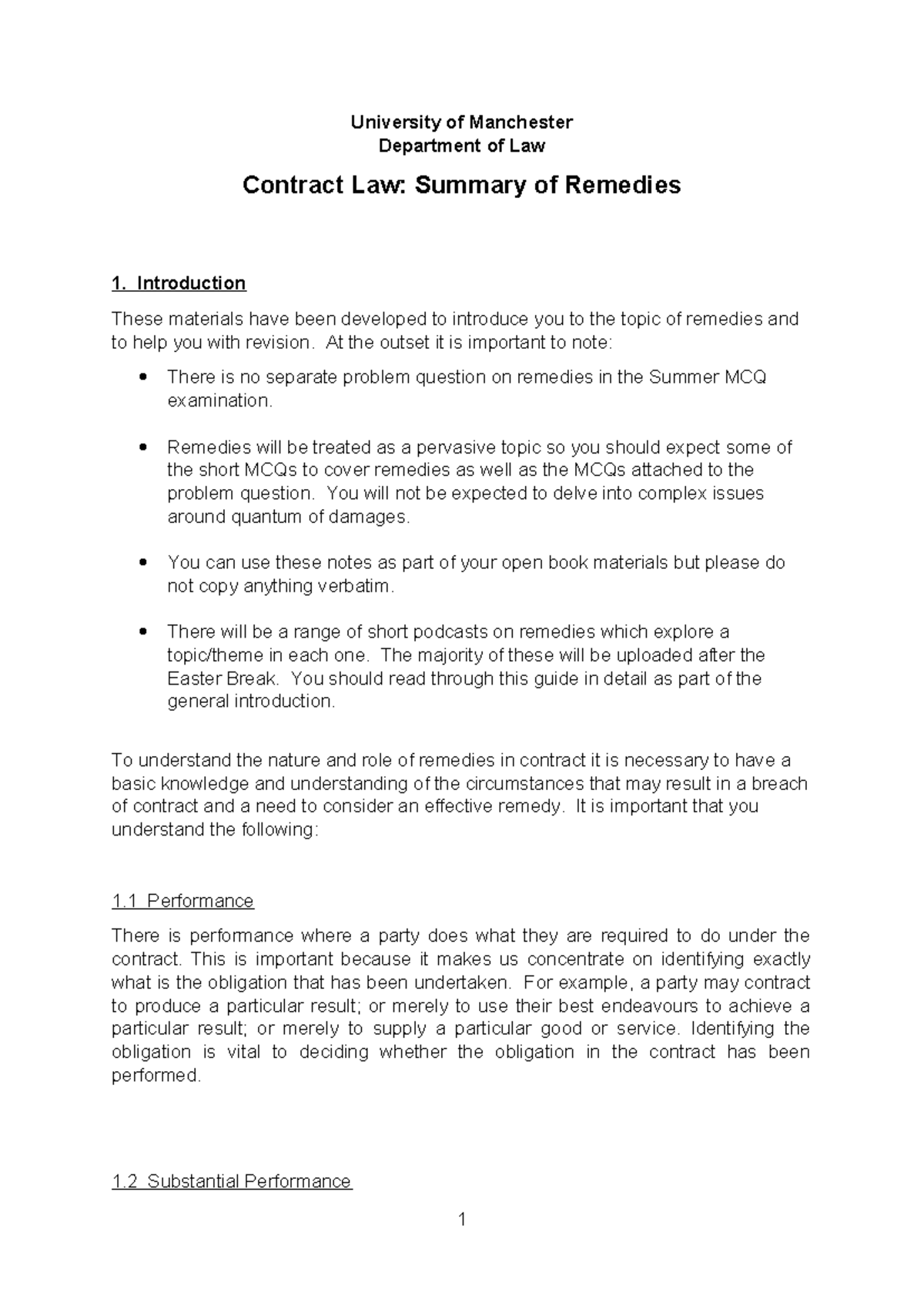 An Introduction to Remedies Guide - University of Manchester Department of Law Contract Law ...