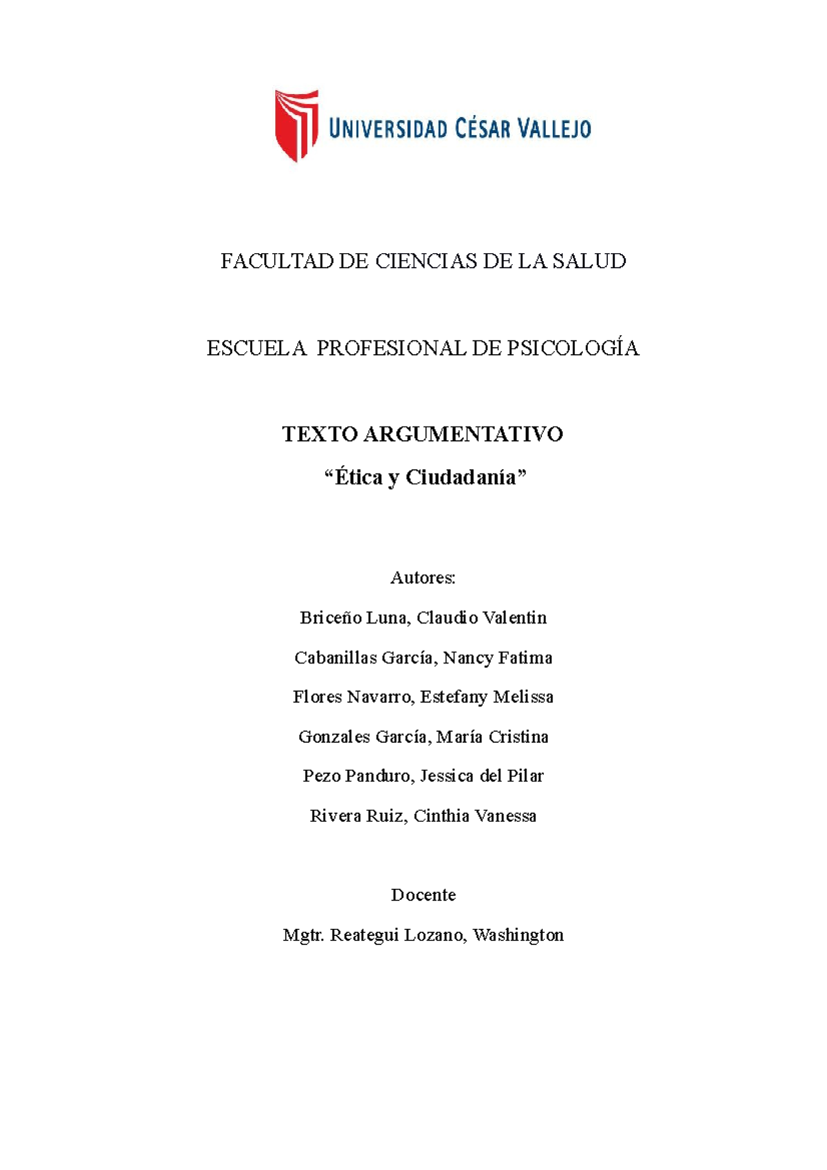 Texto Argumentativo - Para foro - FACULTAD DE CIENCIAS DE LA SALUD ESCUELA PROFESIONAL DE ...
