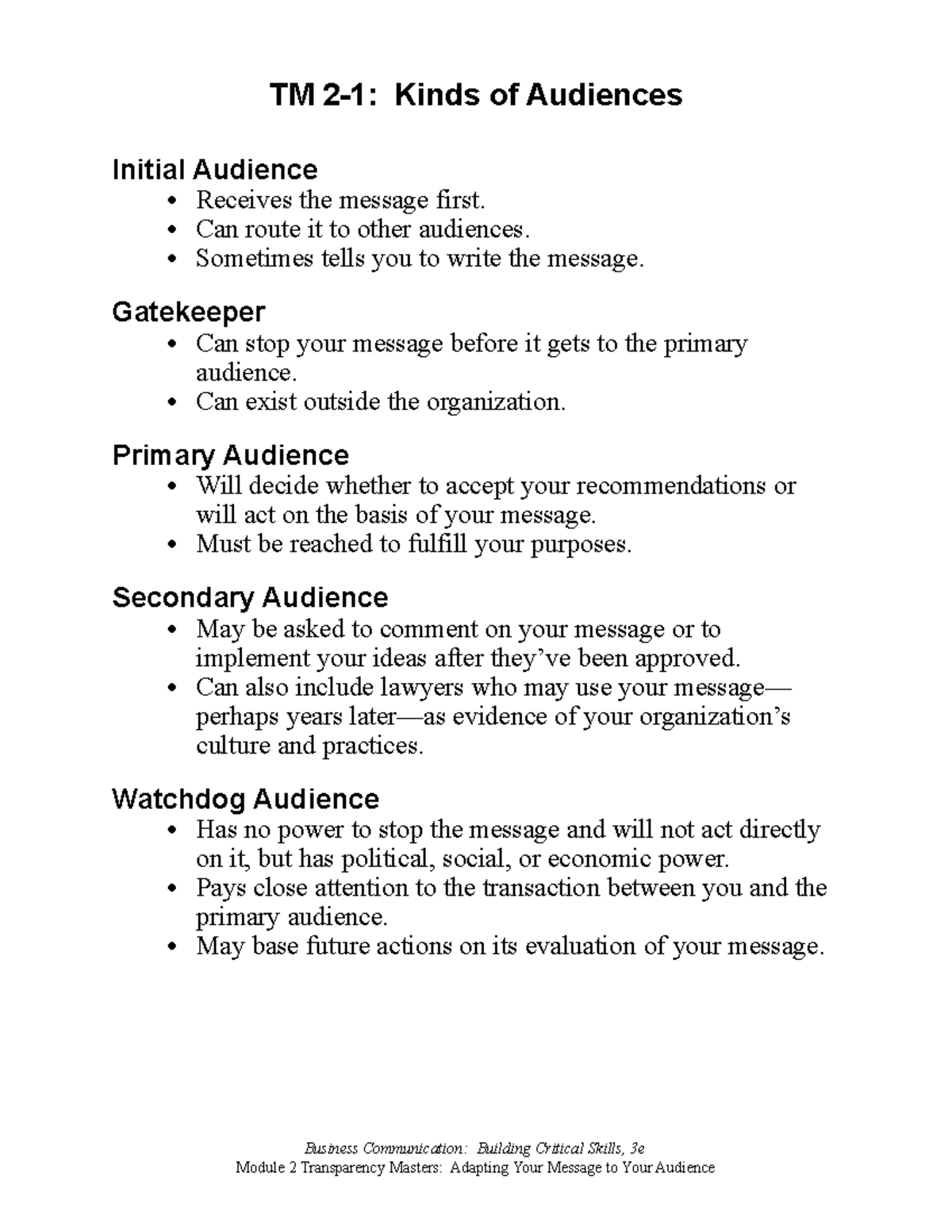 Module 2 Transparencies - TM 2-1: Kinds of Audiences Initial Audience Receives the message first ...