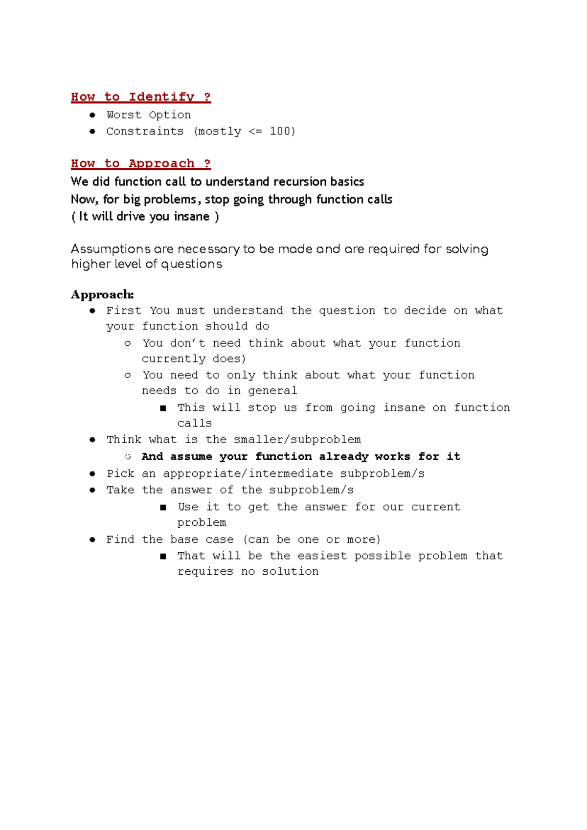 Recursion...When & how - How to Identify? Worst Option Constraints (mostly