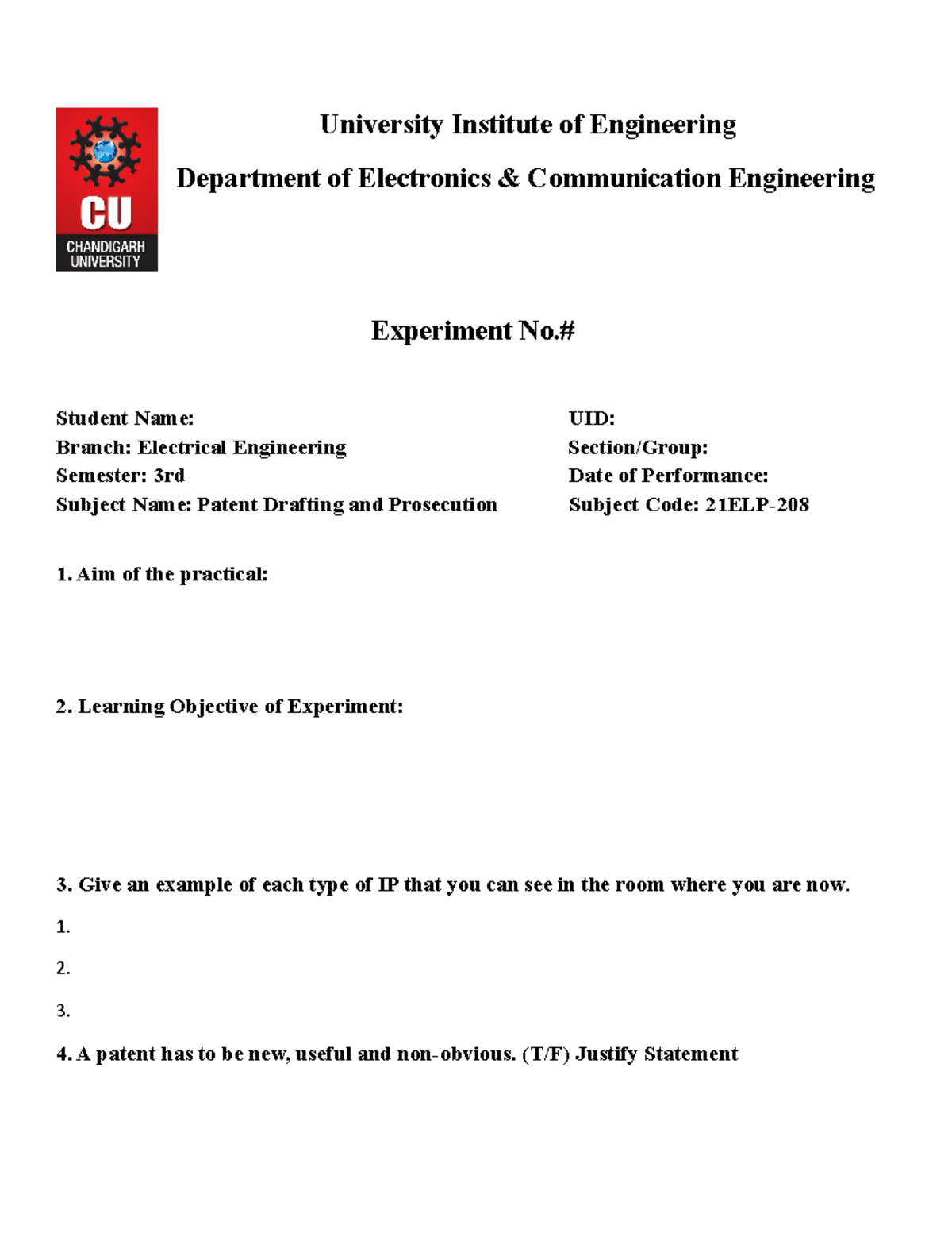 EE Experiment 1.1 Worksheet - University Institute of Engineering ...