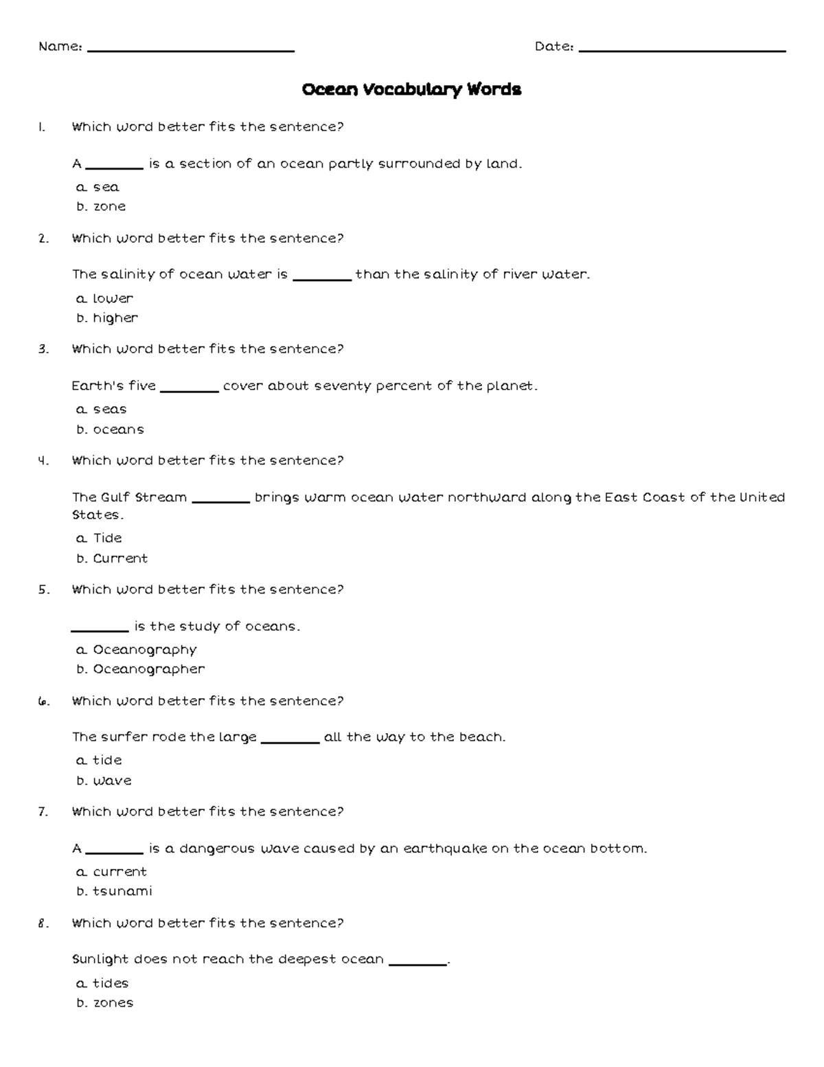 Ocean Vocabulary Words (Grade 3) - Free Printable Tests and Worksheets ...