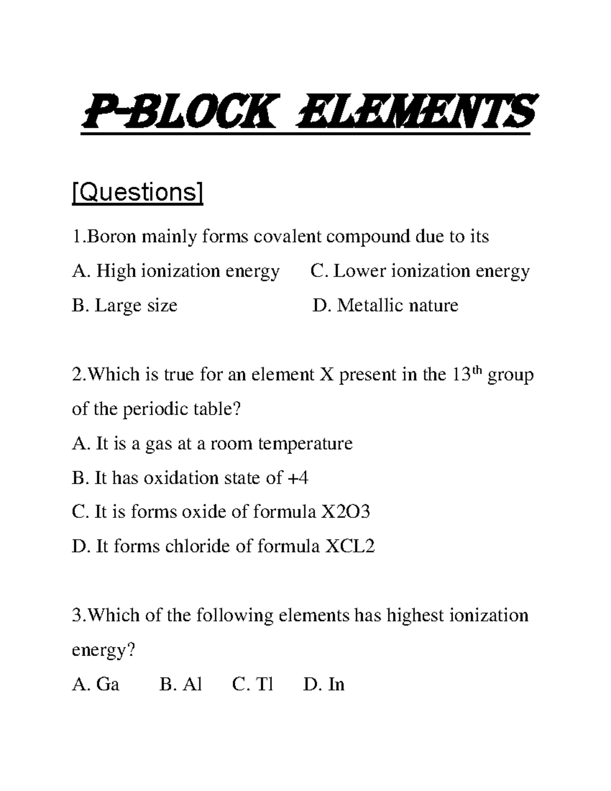 P-block elements - P-block elements [Questions] 1 mainly forms covalent ...