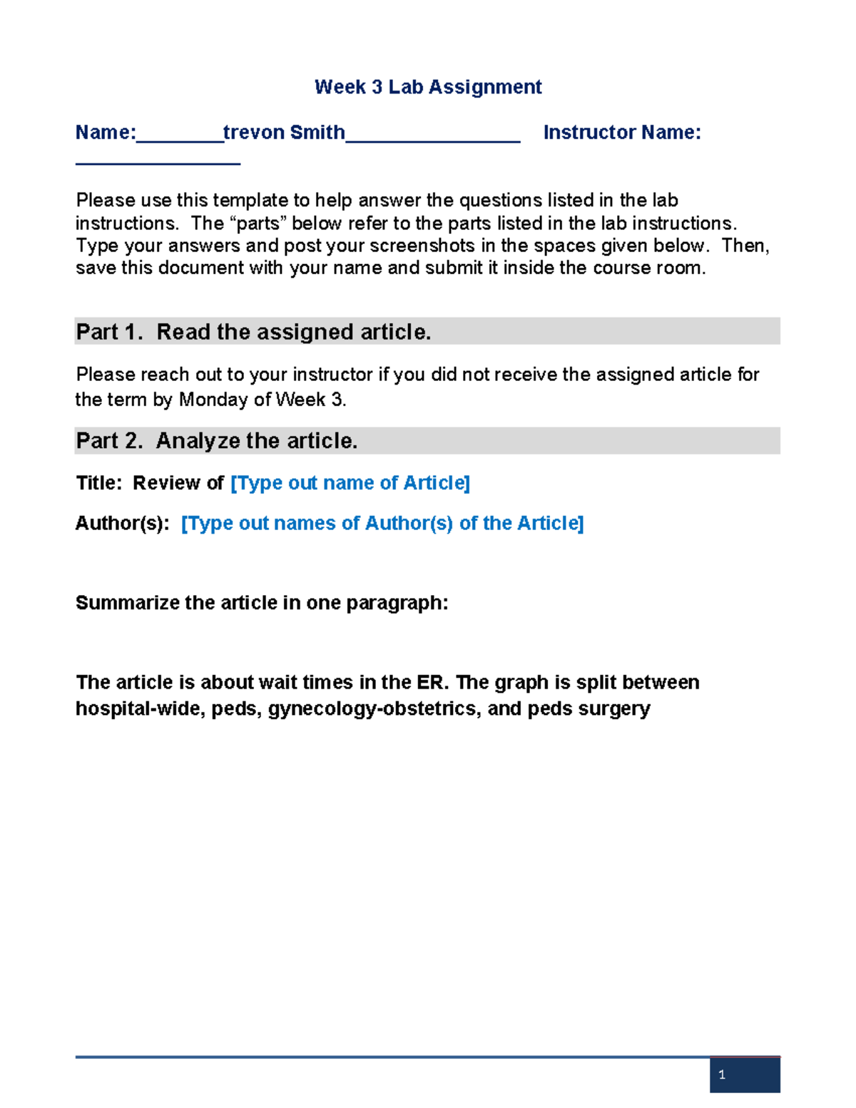 Trevon smith stats homework - Week 3 Lab Assignment Name:trevon Smith________ Instructor Name ...