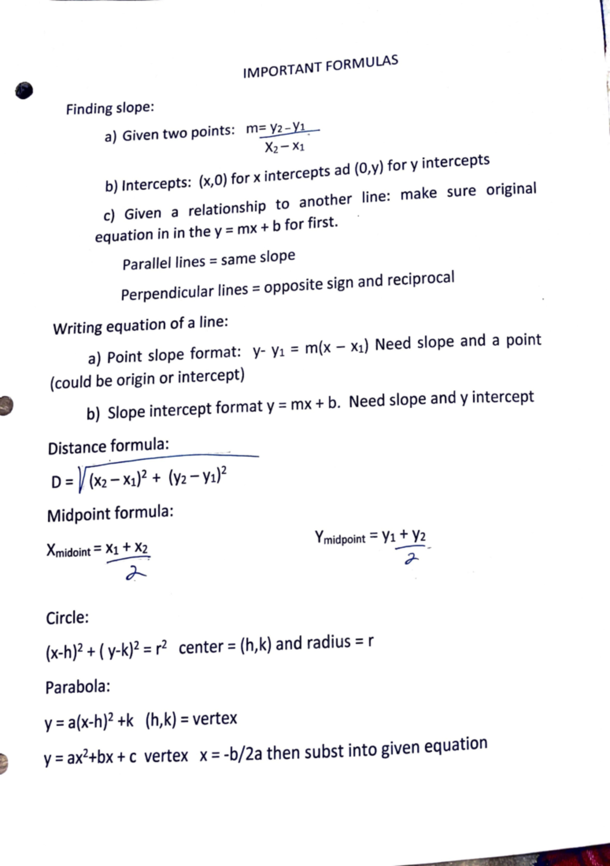 Formulas - IMPORTANT FORMULAS Finding slope: a) Given two points: m~ X2 ...