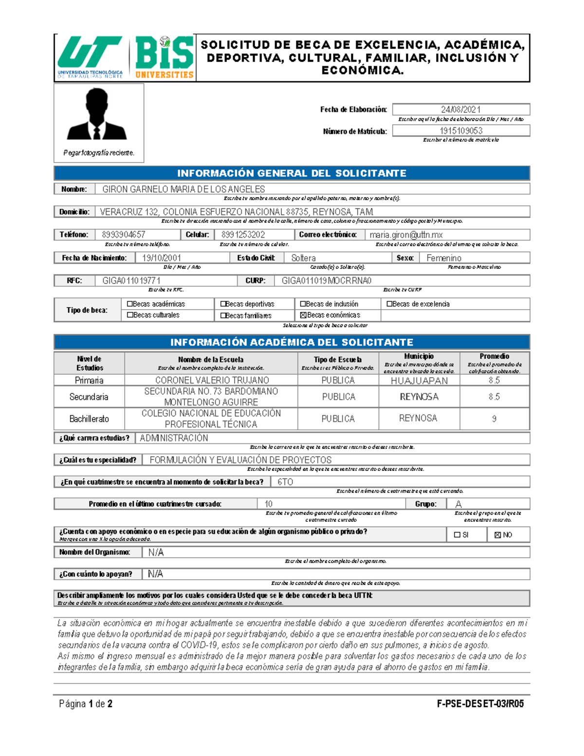 Formato DE Solicitud DE BECA sept dic - SOLICITUD DE BECA DE EXCELENCIA ...
