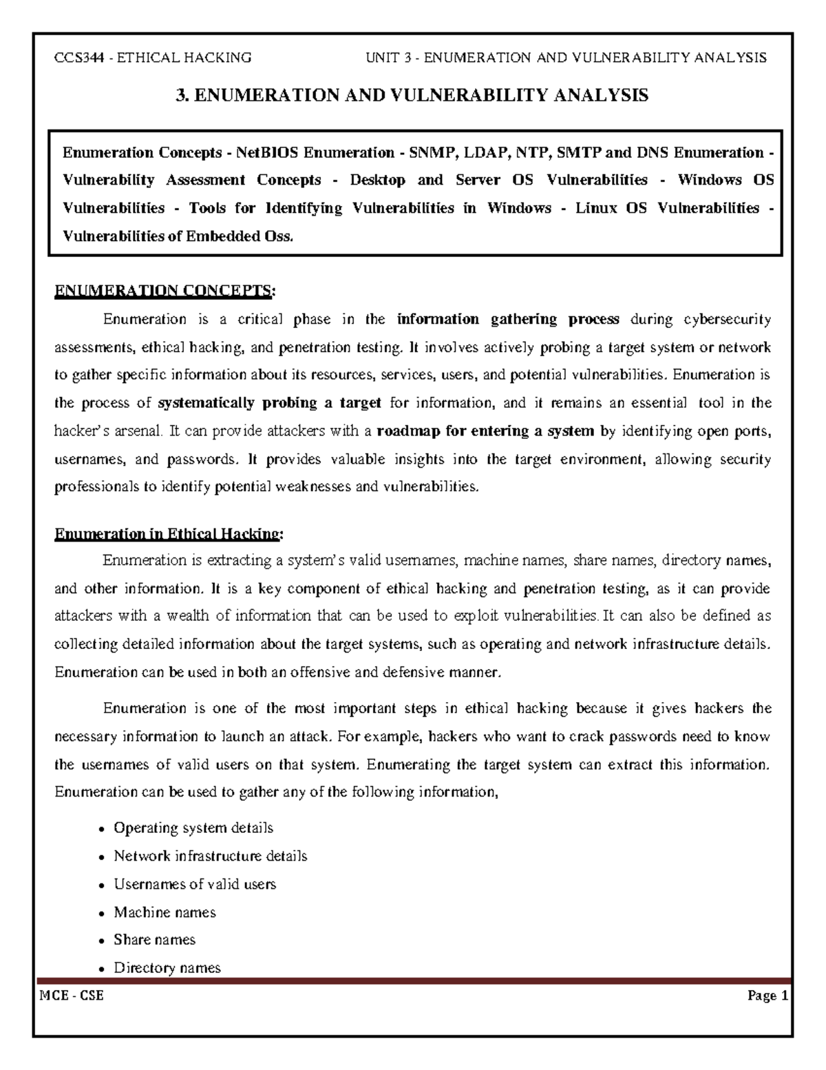EH UNIT - 3 - 3. ENUMERATION AND VULNERABILITY ANALYSIS ENUMERATION CONCEPTS: Enumeration is a ...