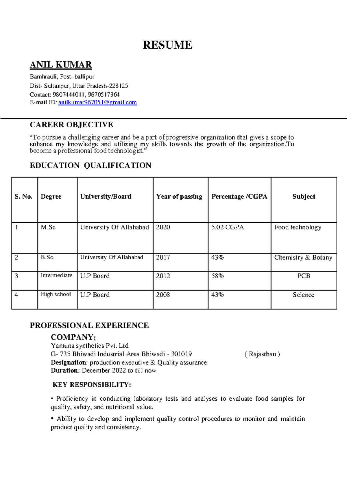 Anil Kumar - Hello - RESUME ANIL KUMAR Bamhrauli, Post- ballipur Dist ...