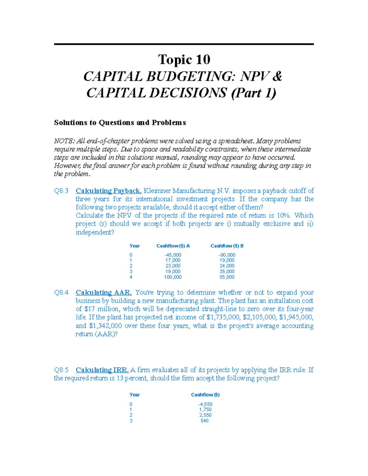 Topic 10 - Capital Budgeting NPV Capital Decisions (Part 1 2)-Question ...