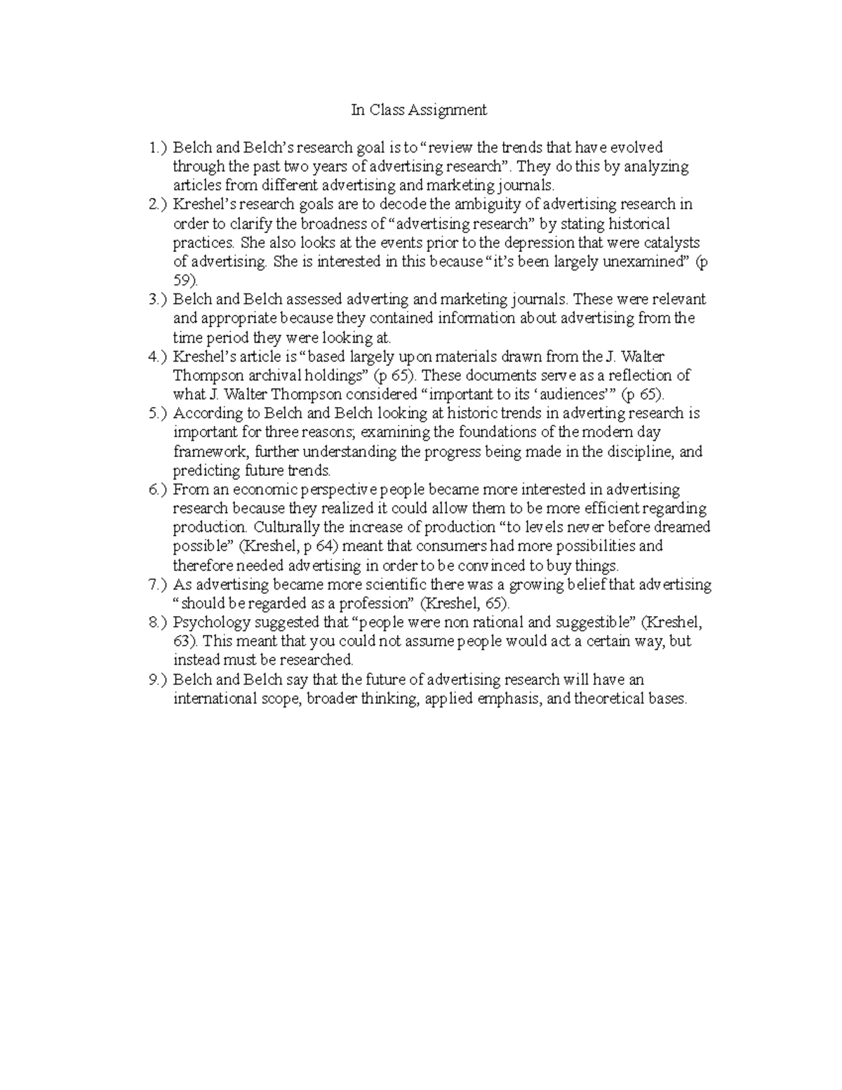 In Class Assignment- Ad Research - In Class Assignment 1.) Belch and ...