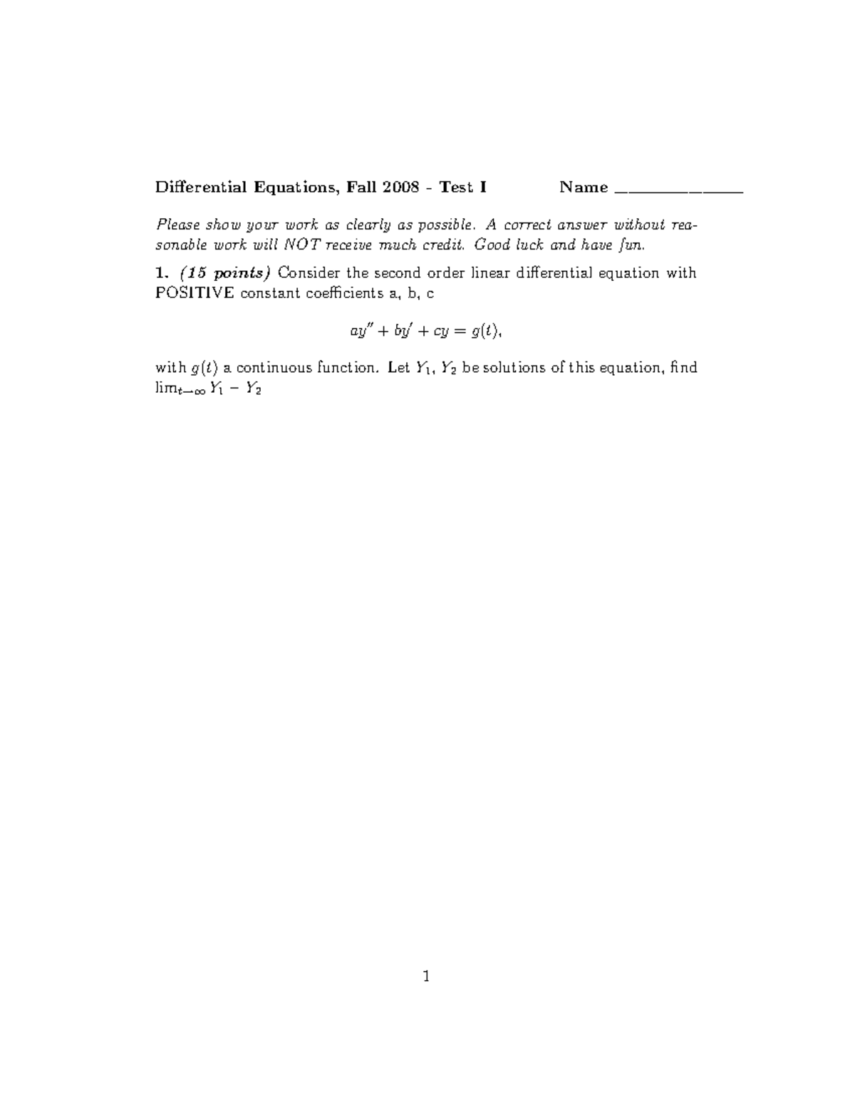 Test 1 Diff Eq - Full notes - Differential Equations, Fall 2008 - Test ...