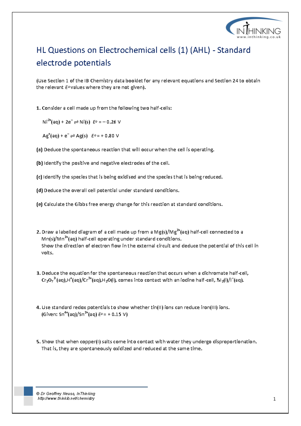 Electrochemical cells (1) AHL Questions - 1 © Dr Geoffrey Neuss ...