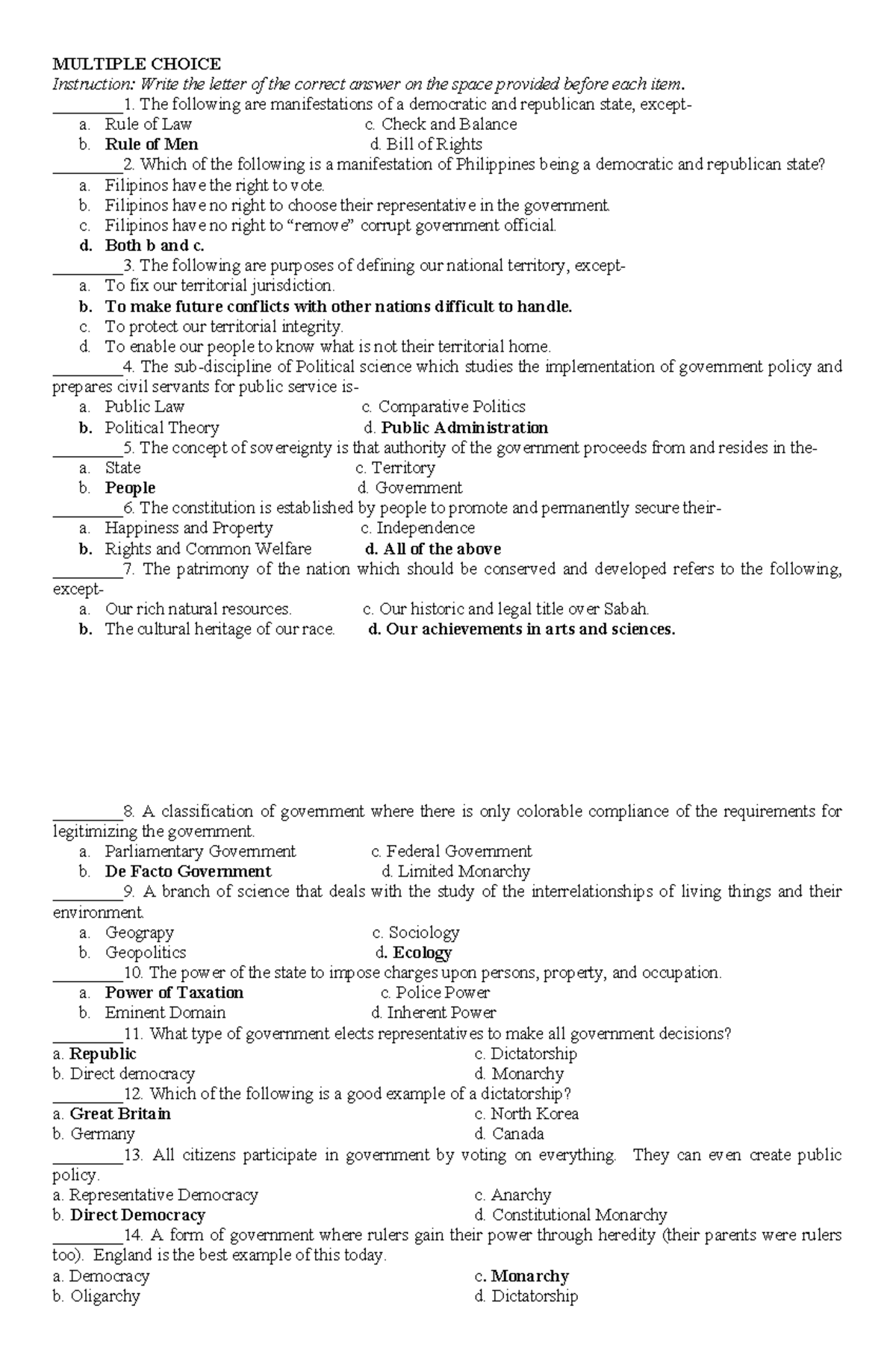 2022 Pol. Sci. Quiz on Art. III - MULTIPLE CHOICE Instruction: Write ...