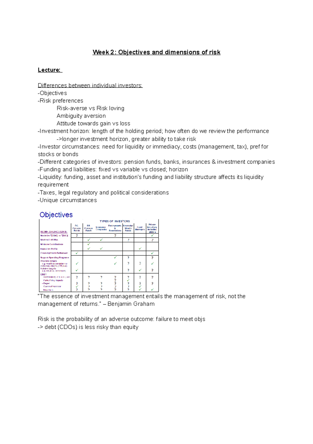 Week 2 Lec - erko'rofof - Week 2: Objectives and dimensions of risk ...