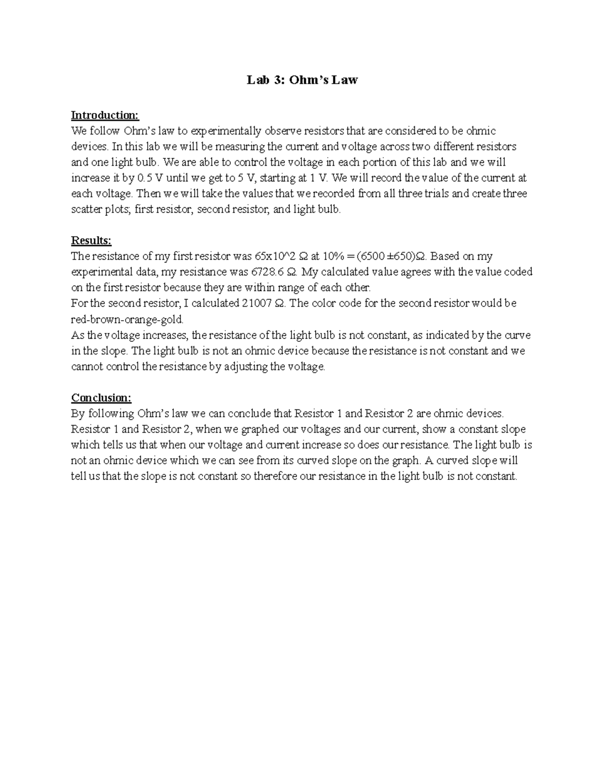 Untitled document - lab work - Lab 3: Ohm’s Law Introduction: We follow ...