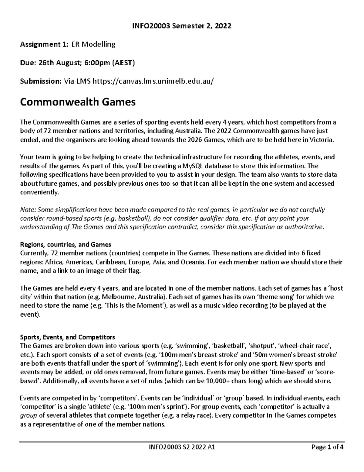INFO2000 3 A1 2022 S2 Commonwealth Games - INFO20003 Semester 2, 2022 Assignment 1: ER Modelling ...