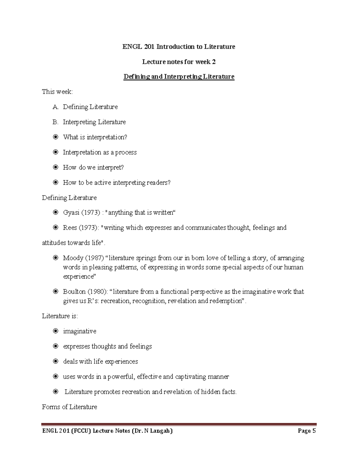 Literature- Defining and Interpreting Literature - ENGL 201 (FCCU ...