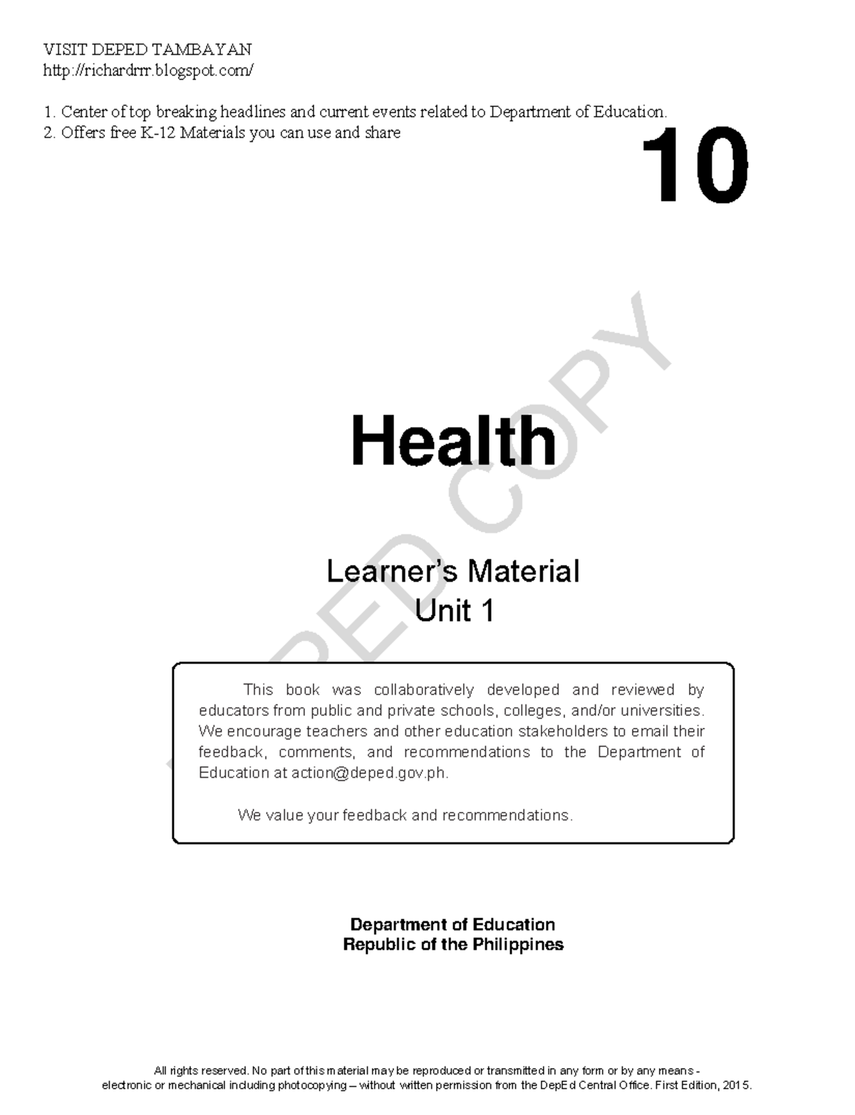 Health 10 Learner's Material 1st Quarter - DEPED COPY 10 Health ...