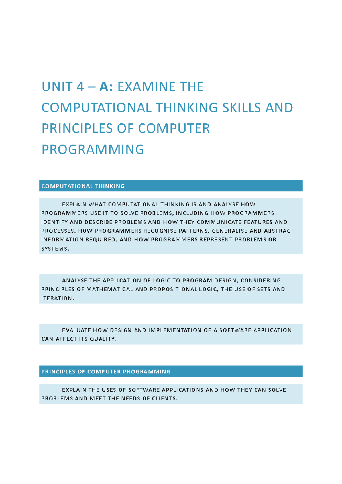 Learning Aim A Assignment Layout - UNIT 4 – A: EXAMINE THE COMPUTATIONAL THINKING SKILLS AND ...