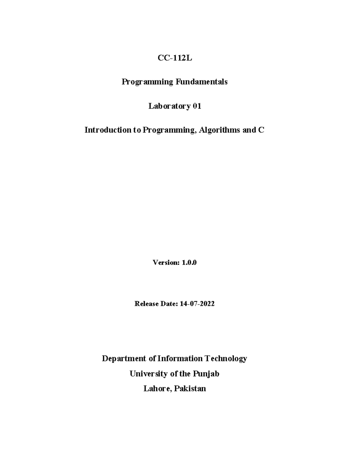 CC-112L PF Lab-01v1 - lab practice file - CC-112L Programming ...
