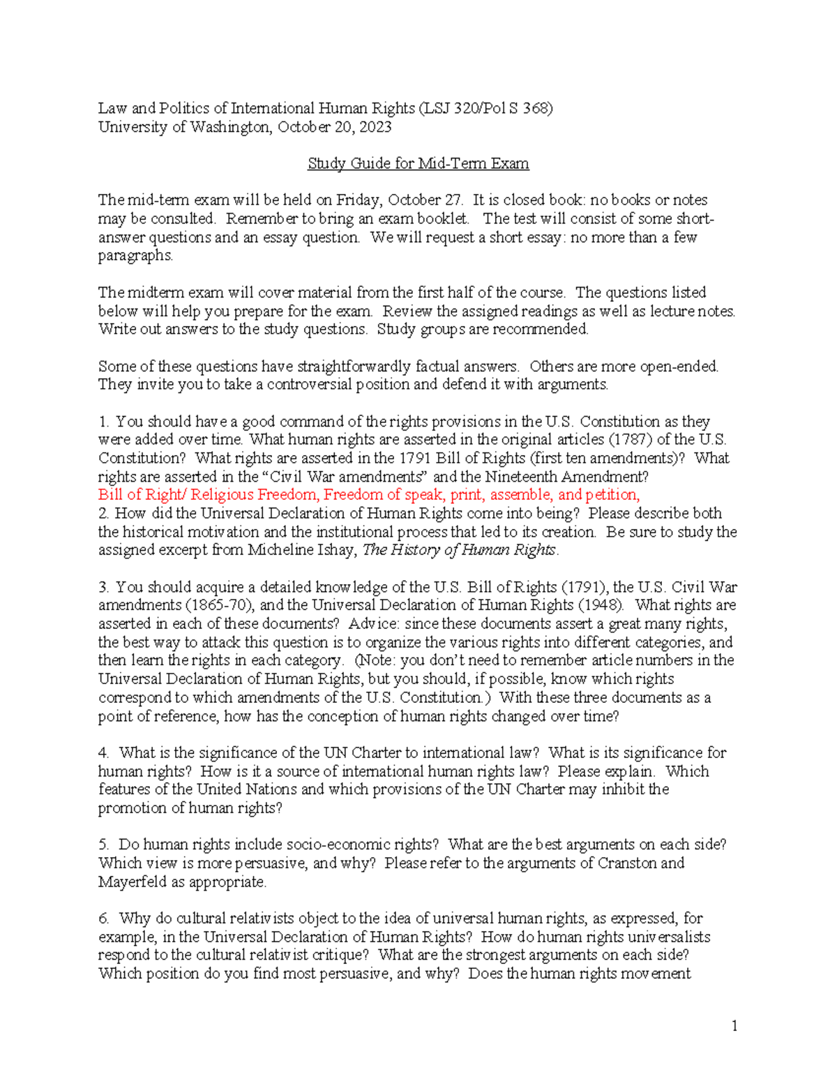Midterm Study Guide Int'l Human Rights - Law and Politics of ...
