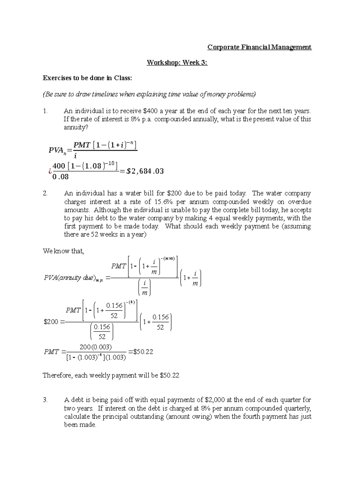 Answers for Workshop 3 - Corporate Financial Management Workshop: Week ...