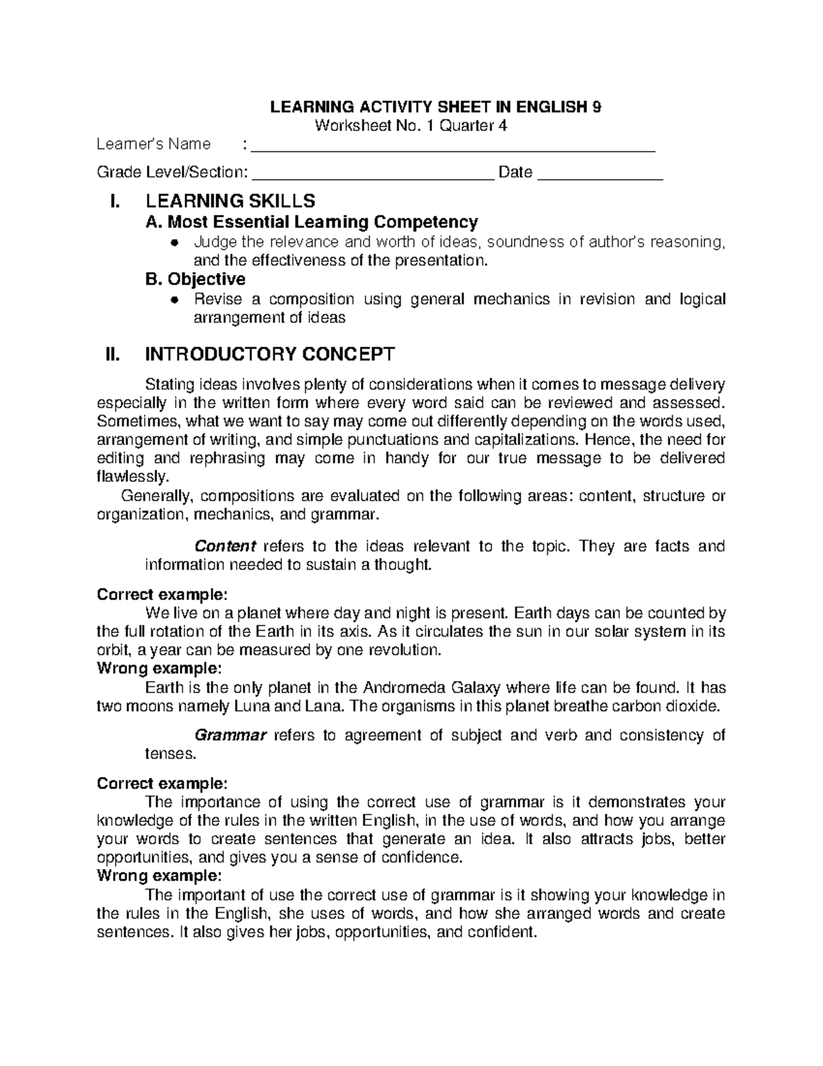 G9-LAS-1 - sdsdsdsd - LEARNING ACTIVITY SHEET IN ENGLISH 9 Worksheet No ...