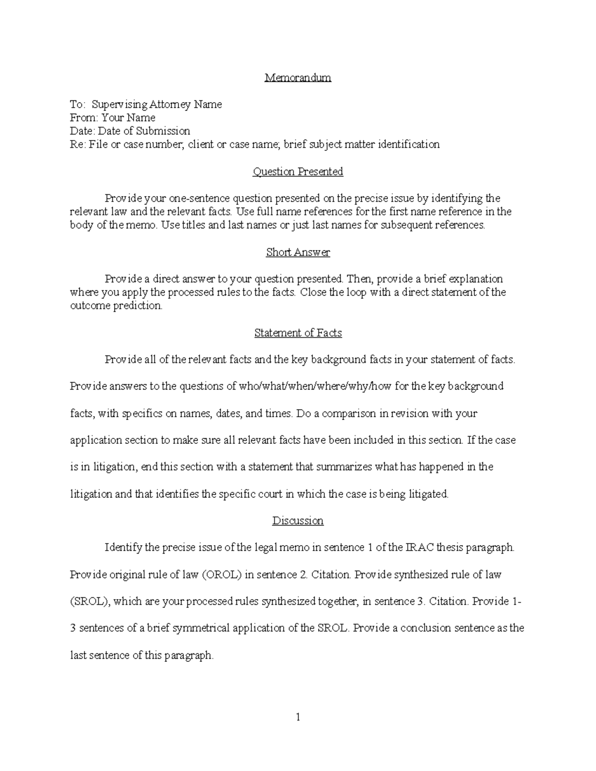 Memorandum Template - notes - Memorandum To: Supervising Attorney Name ...