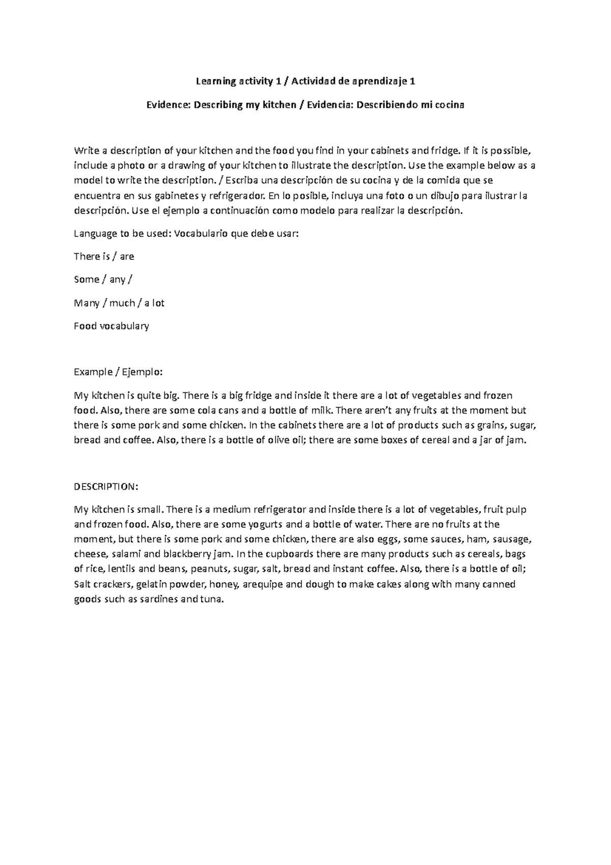 Evidence Describing my kitchen - If it is possible, include a photo or ...