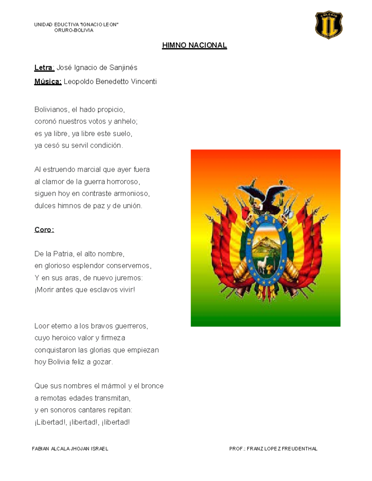 Himnos y canciones - ORURO-BOLIVIA HIMNO NACIONAL Letra: José Ignacio ...