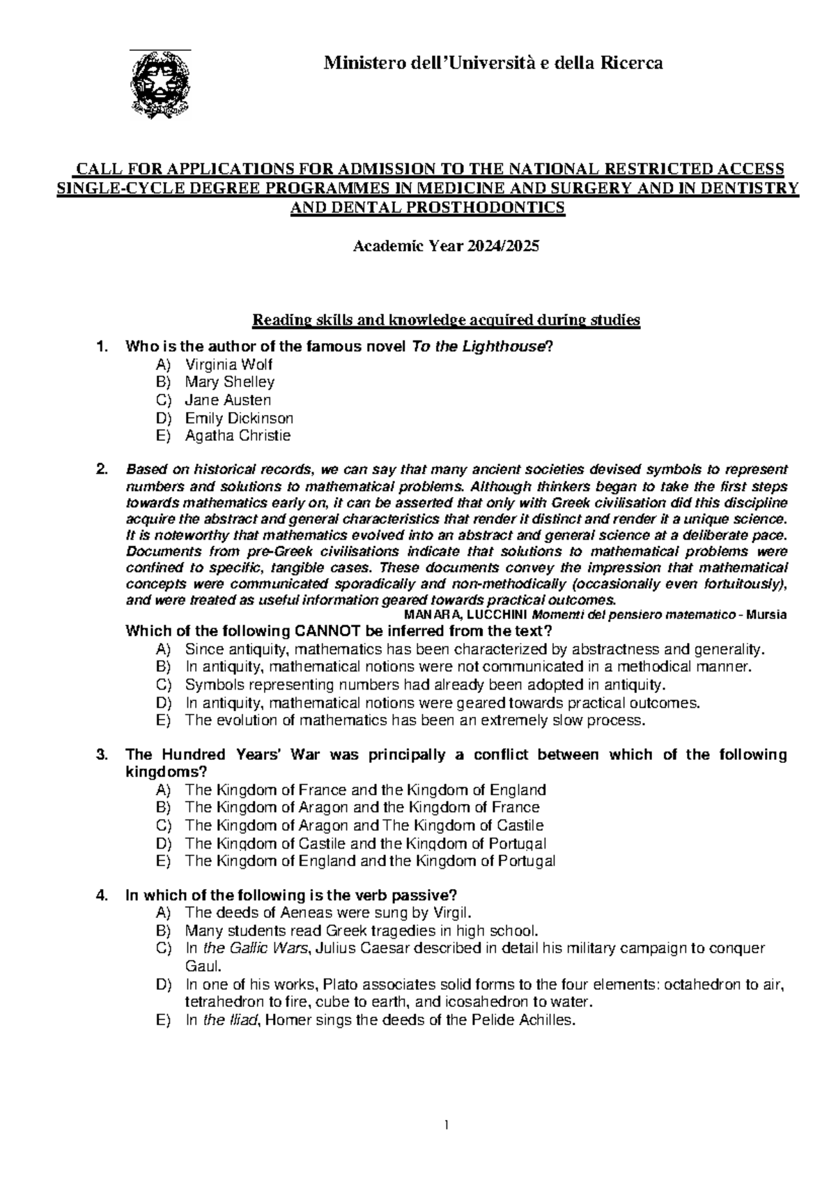 Imat past paper 2024 with answers - Ministero dell’Università e della ...