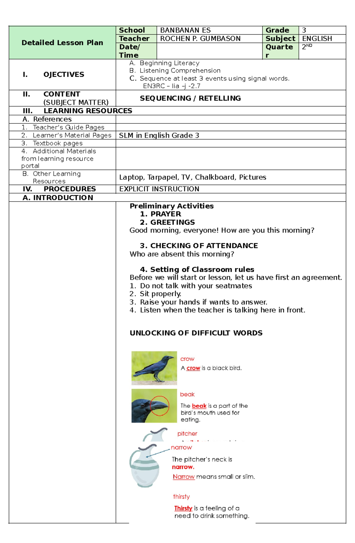 Detailed Lesson Plan in English 3 Sequencing Q2 WEEK5 - Detailed Lesson ...