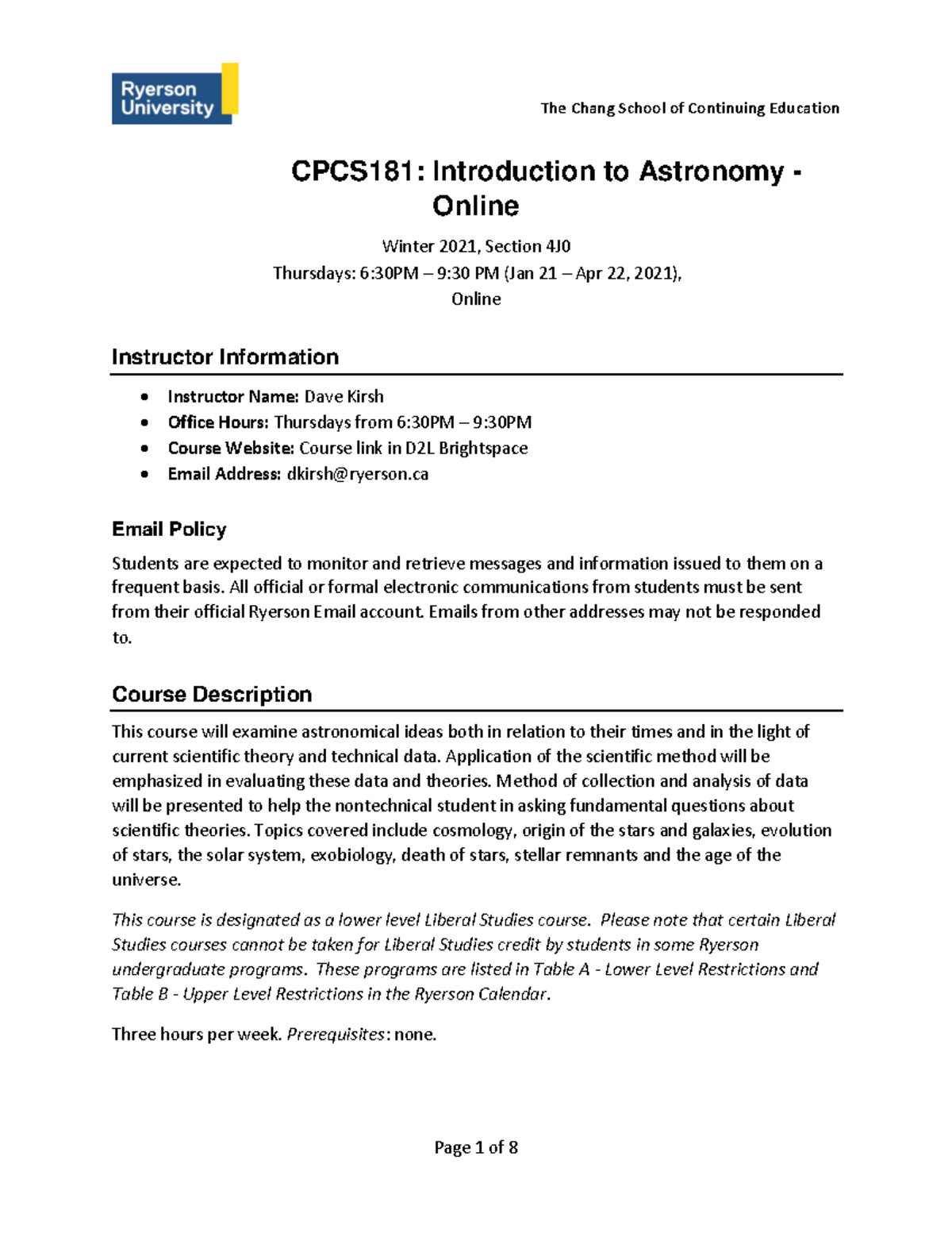 CPCS181 - Introduction to Astronomy Online Course Outline Winter 2021 ...