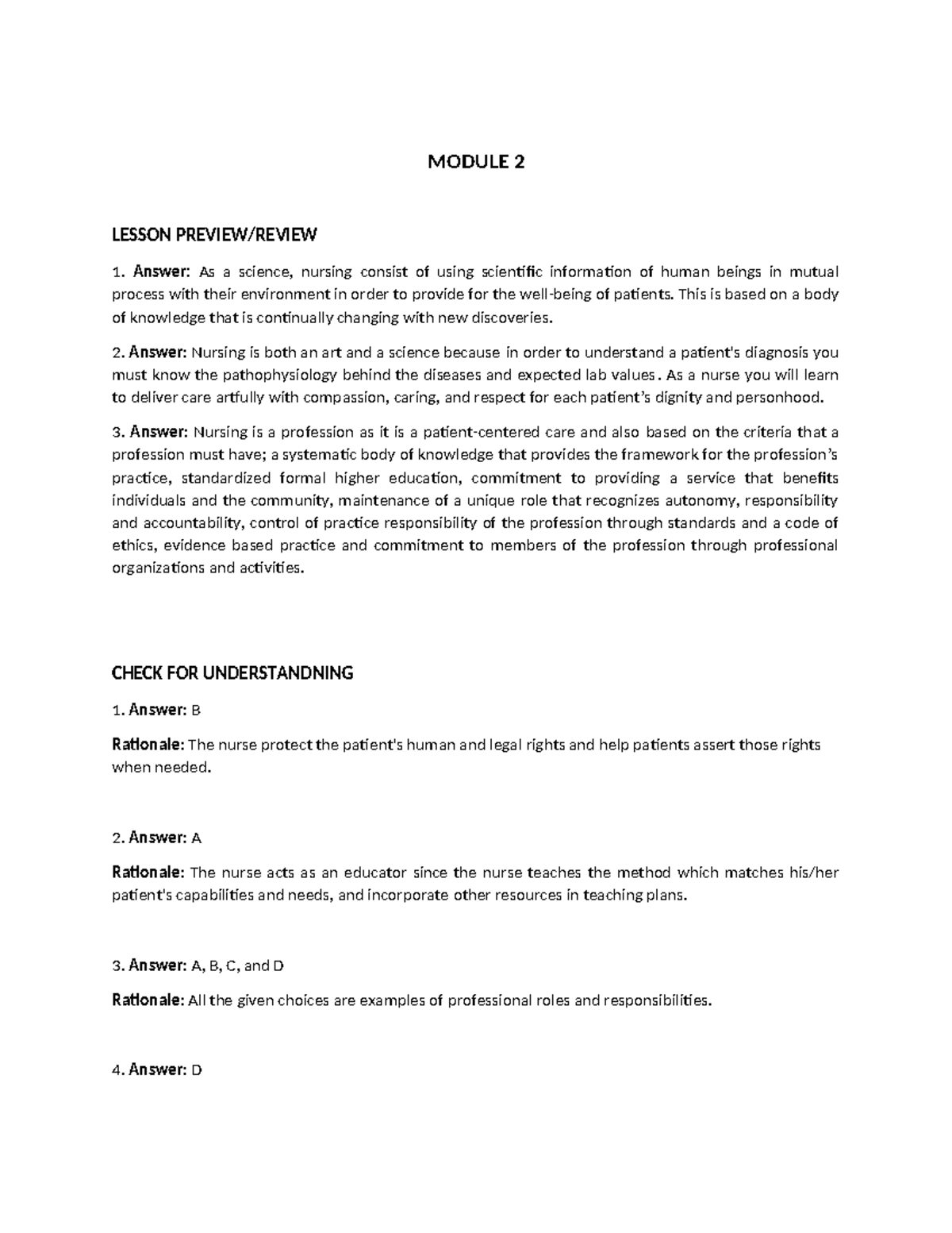 Module - 2 - NUR 091 - MODULE 2 LESSON PREVIEW/REVIEW Answer: As a ...