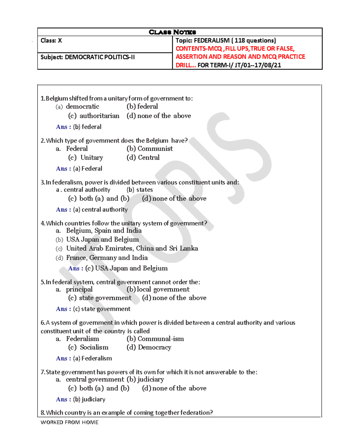 10-DP - ... - Class Notes Class: X Topic: FEDERALISM ( 118 questions ...