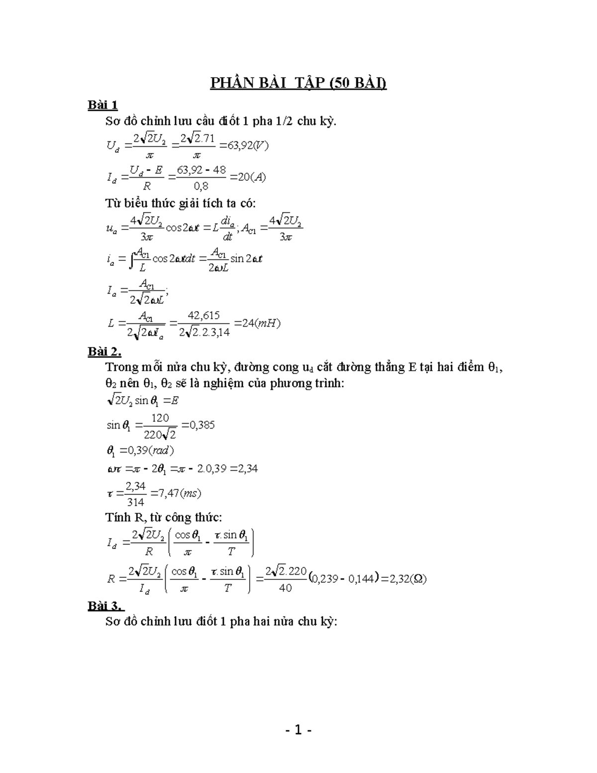 Dap an bai tap - PHẦN BÀI TẬP (50 BÀI) Bài 1 Sơ đồ chỉnh lưu cầu điốt 1 ...