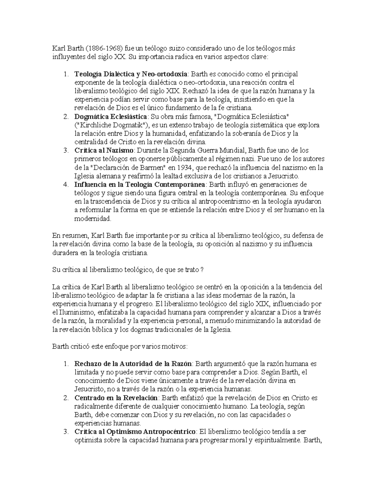 Karl Barth - Su importancia radica en varios aspectos clave: 1 ...