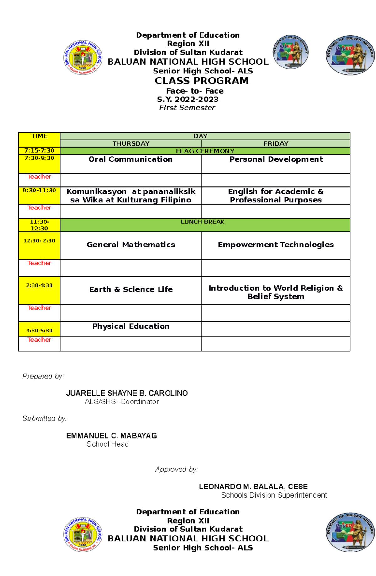 Class Program - ALS Documentary Requirements - Department of Education ...