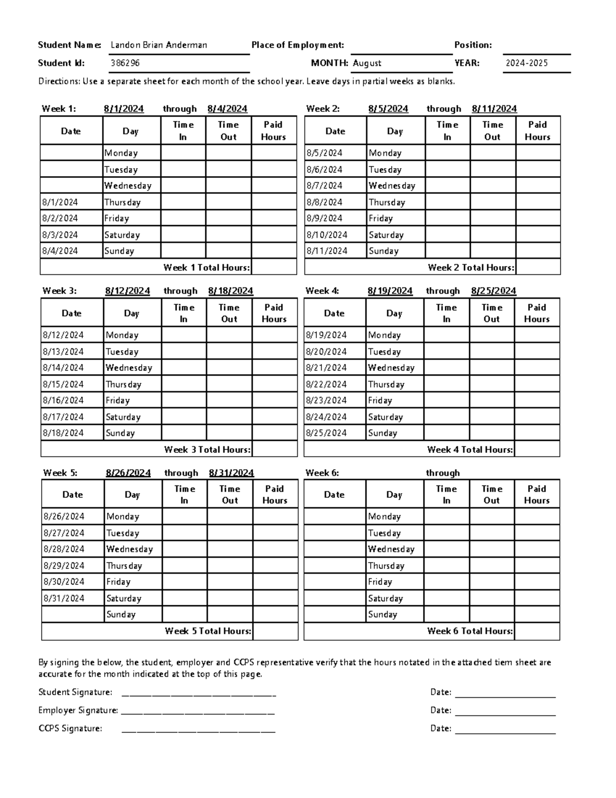 Student OJT Time Sheets august - Student Name: Landon Brian Anderman ...