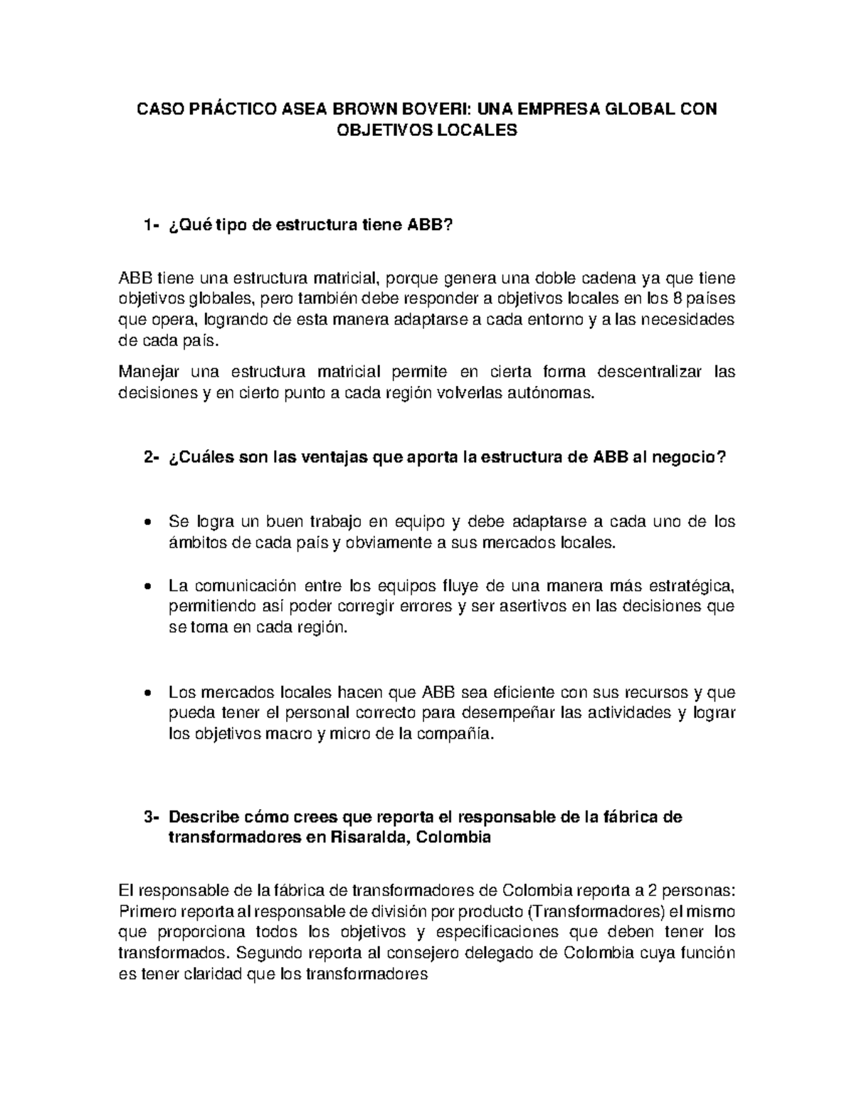 CASO Práctico - el caso del mundo - CASO PRÁCTICO ASEA BROWN BOVERI: UNA EMPRESA GLOBAL CON ...