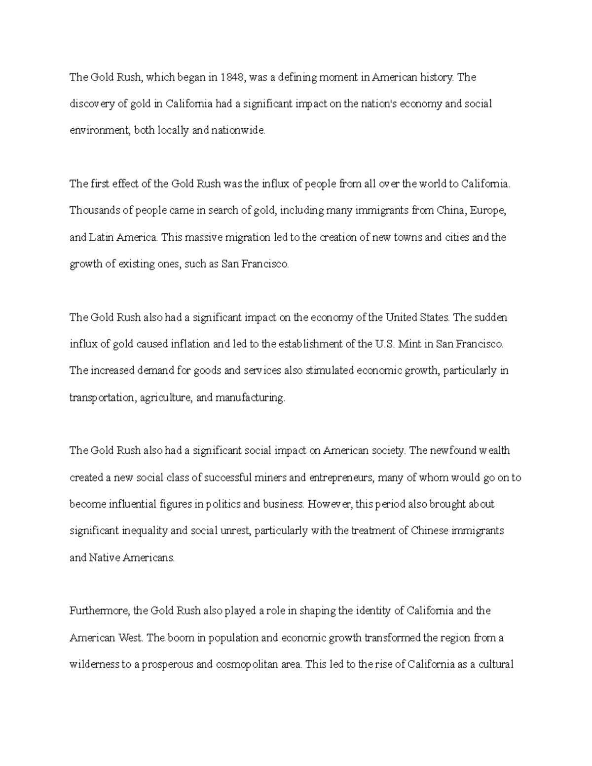 Gold Rush Effects Notes - The Gold Rush, which began in 1848, was a ...