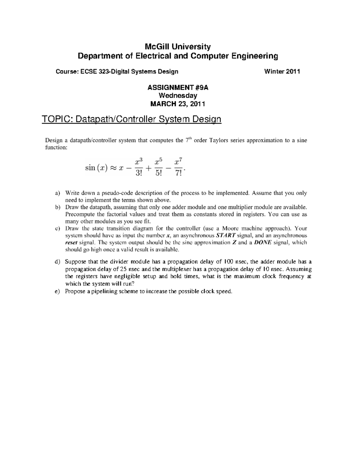 Exam 23 March 2011, Questions and answers - assignment 9a - McGill ...