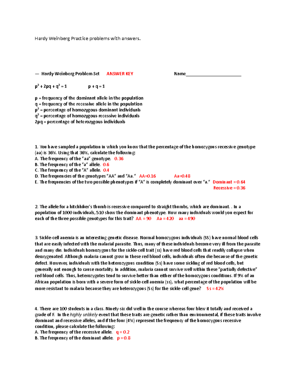 Hardy Weinberg Practice problems - — Hardy-Weinberg Problem Set ANSWER ...