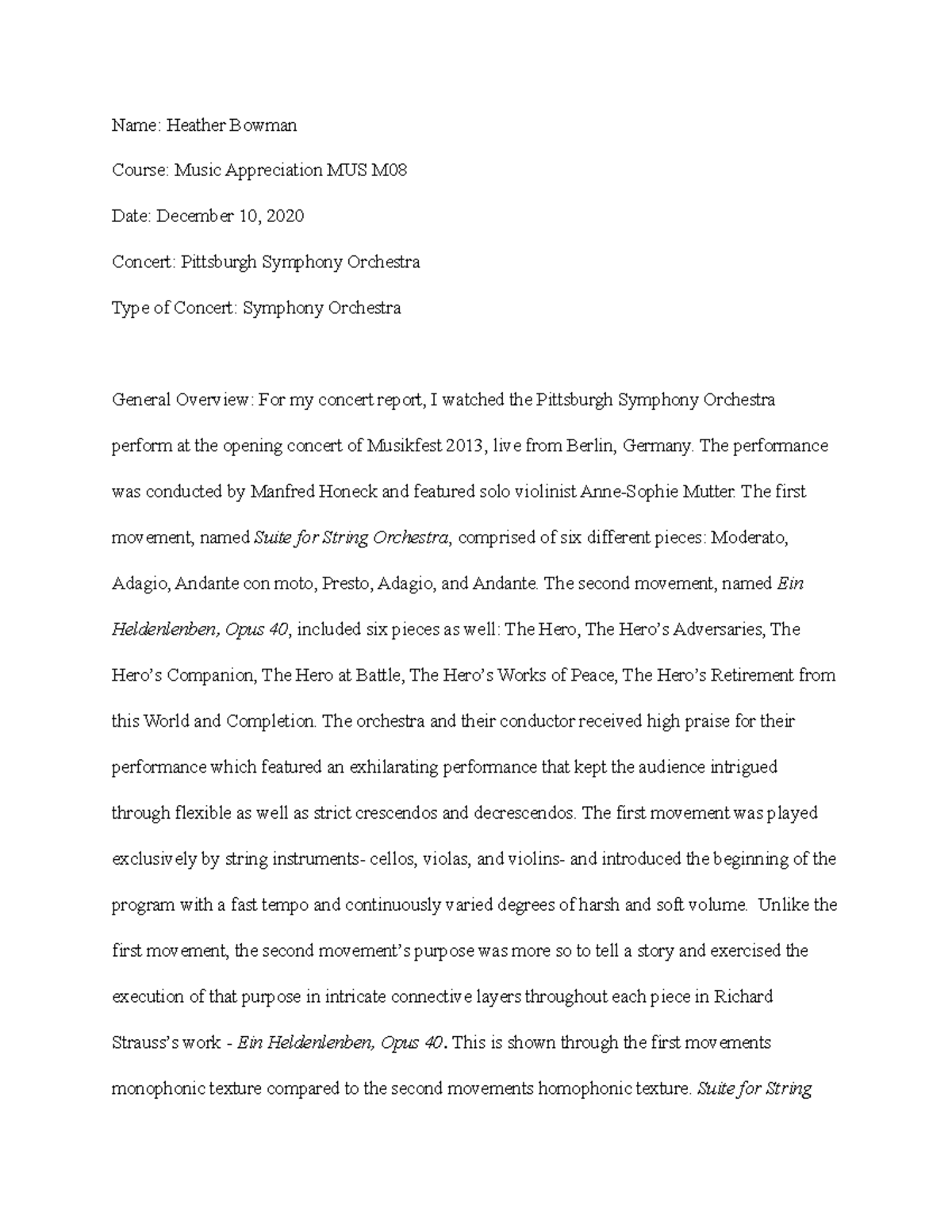 Concert Report - .... - Name: Heather Bowman Course: Music Appreciation ...